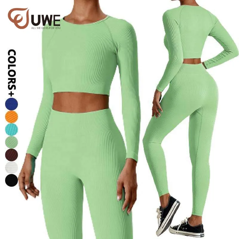 Seamless Workout Women Gym Sets Slim Fit Long Sleeve Ribbed Training Exercise Fitness Yoga Set ...