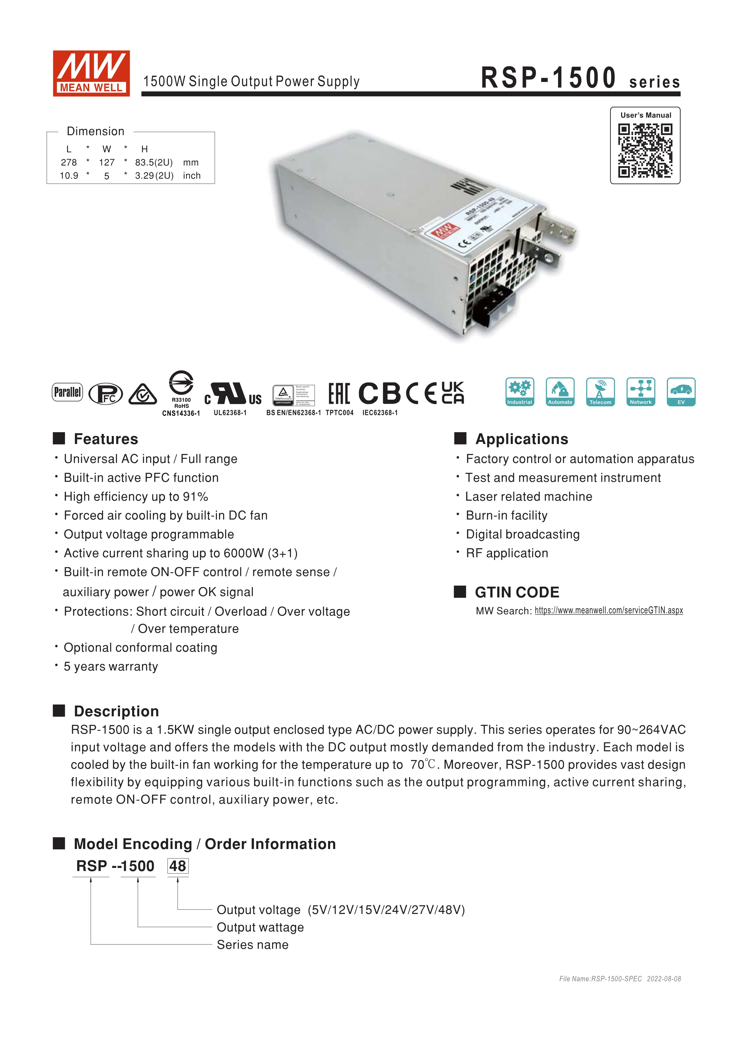 Original Meanwell Rsp-1500-48 1500w Single Output Power Supply - Buy ...