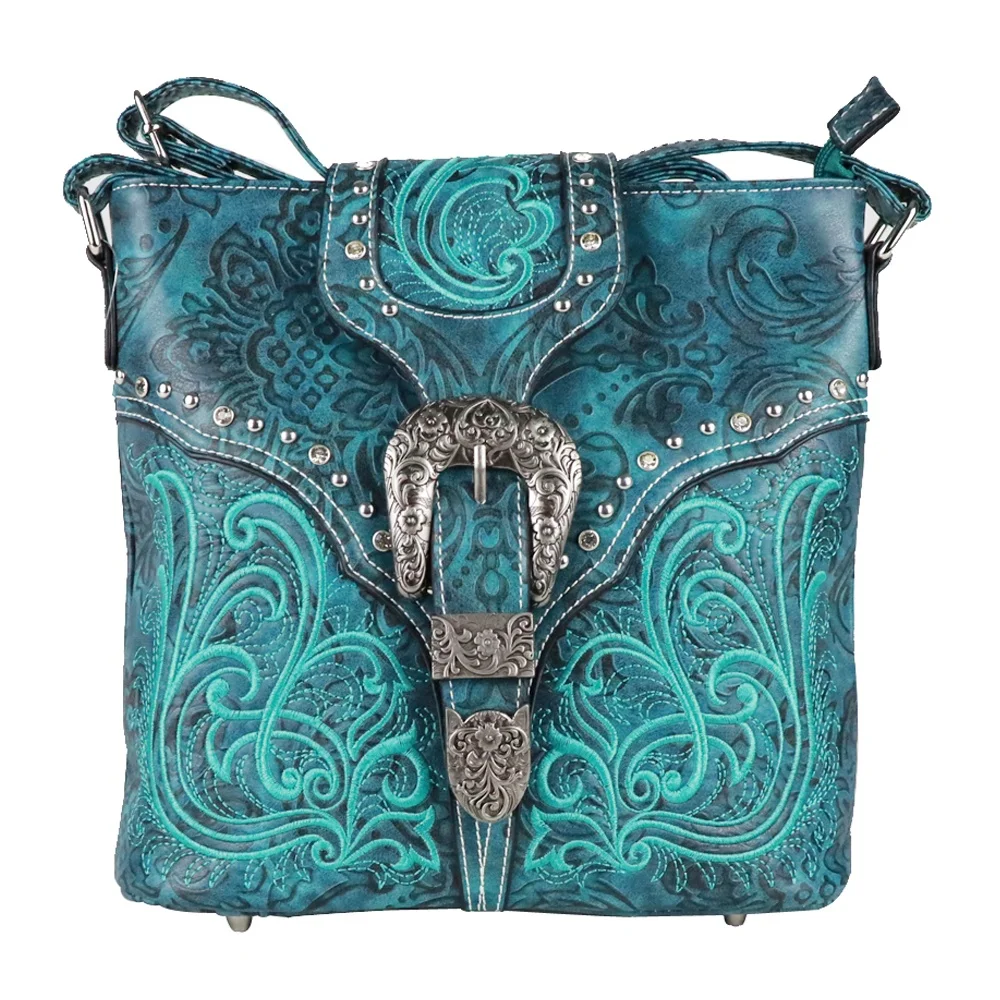 Hot Sale Western Country Style Flower Accented Studded Buckle Messenger ...