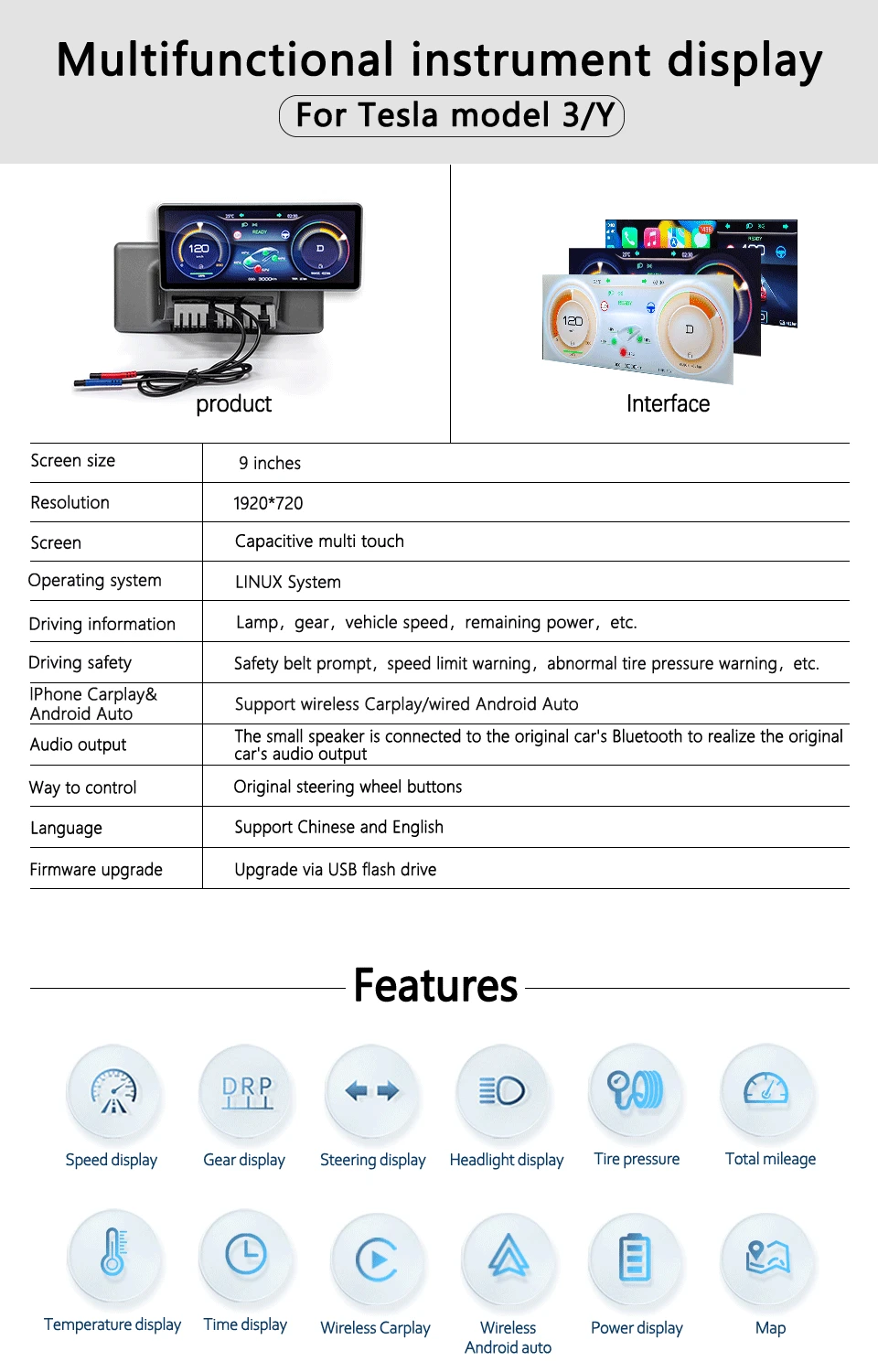 For Tesla Model 3 Y Carplay Android Auto Digital Dashboard Heads Up ...
