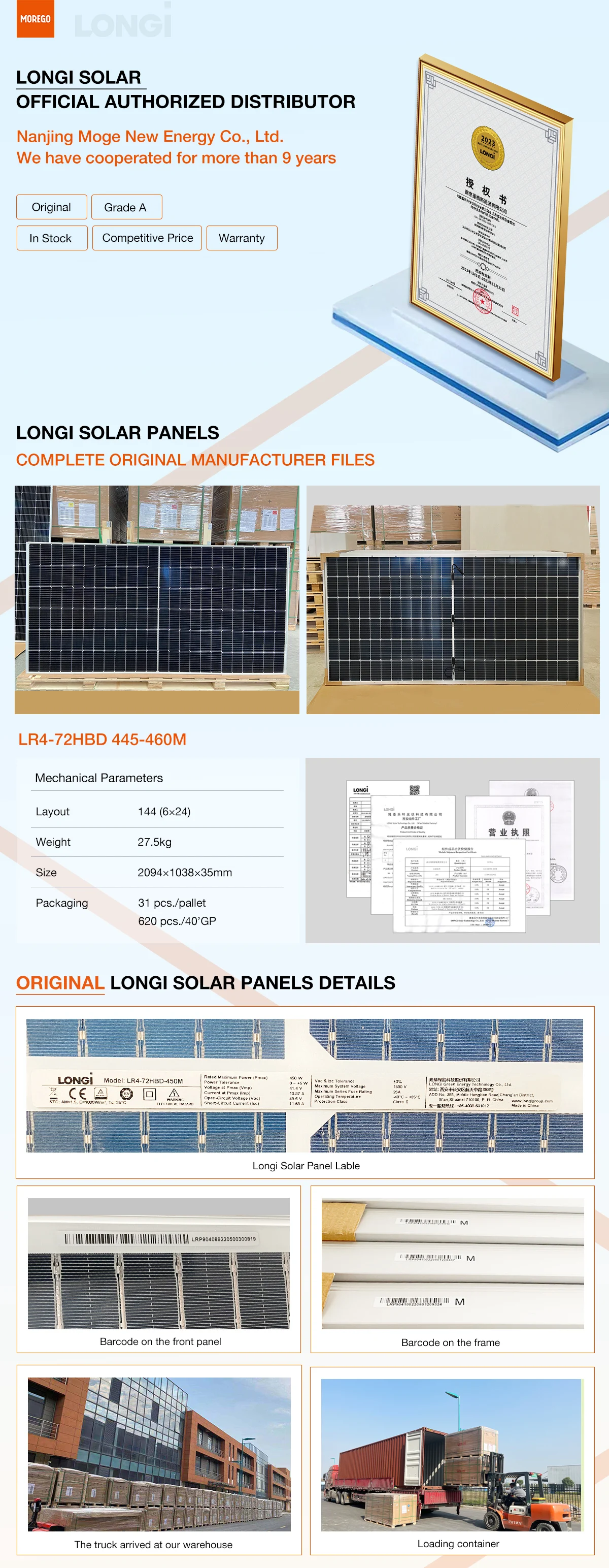 Longi Solar Bifacial Solar Panels 445w 450w 455w Double Glass Solar ...