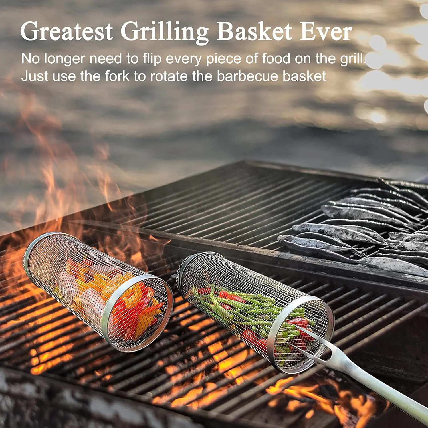Stainless Steel Wire Mesh Cylinder Barbecue Cage Rolling Bbq Grilling ...