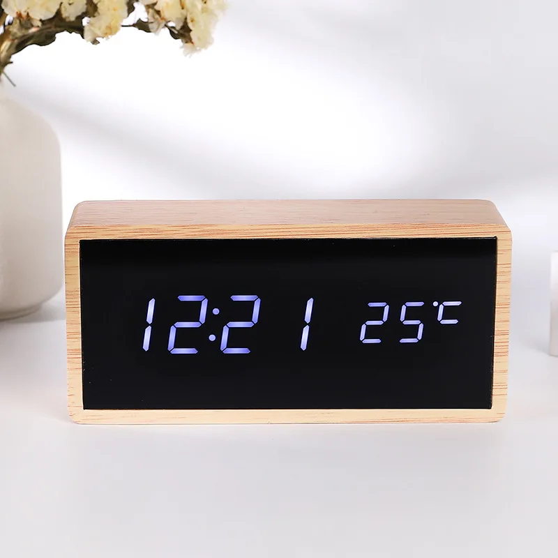 Led Digital Table Desk Clock Bamboo Wood Voice Control Clock Reloj ...