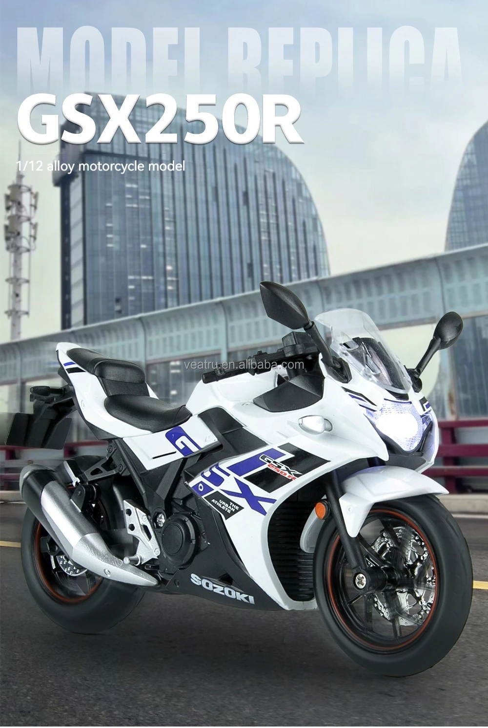 Diecast 1:12 GSX250R Motorcycle with Sound and Light Front-wheel Steering Ornament Metal Model ...