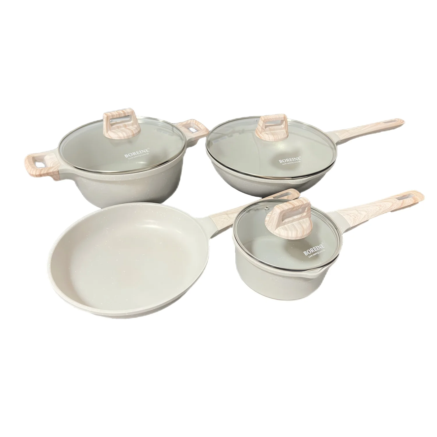7-piece Beige Granite Non-stick Induction Cookware Set With Glass Cover ...