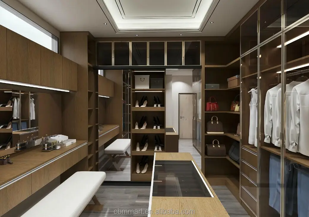 Customized Solid Wood Walk in Bedroom Wardrobe with Tempered Glass Doors