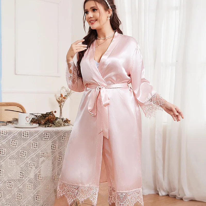 Women plus size pajama hot-sale silk satin robe Sleep nightgown for ...