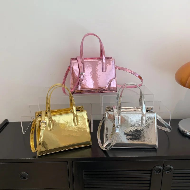 Vegan Leather Metallic Solid Color Tote Bag Female Ladies Famous Brand ...