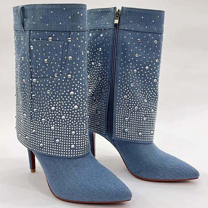 New Stylish Denim Rhinestone Mid-calf Stiletto Heel Boots For Women ...