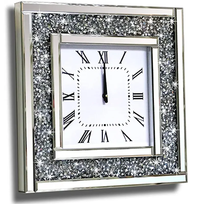 New Crush Diamond Mirrored Square Decorative Mirror Wall Clock for Home ...