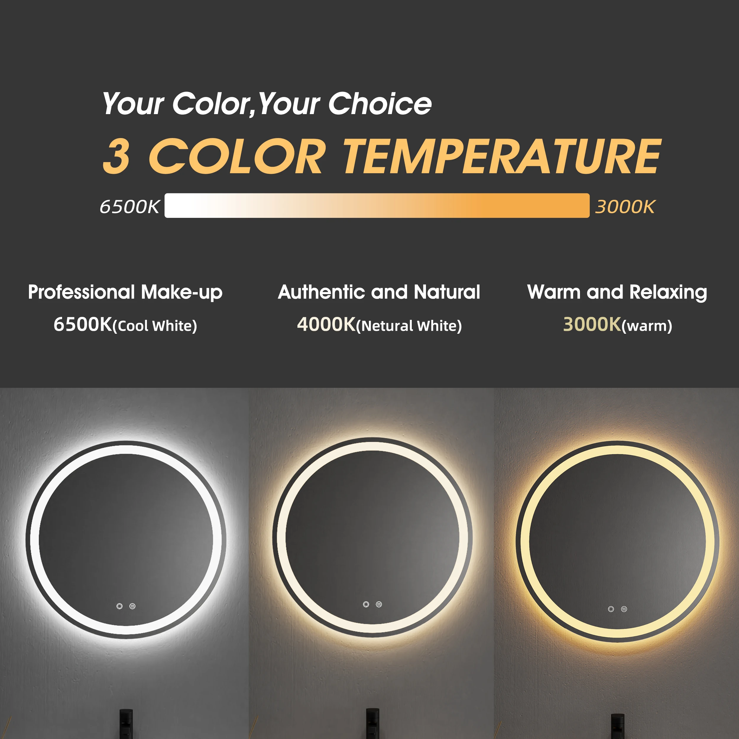 Anti-Fog Front Backlit Frameless Smart Round Light Touch Bathroom ...