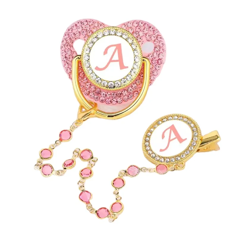 Pink Diamond Letter Baby Pacifier with Glass Bead Chain| Alibaba.com