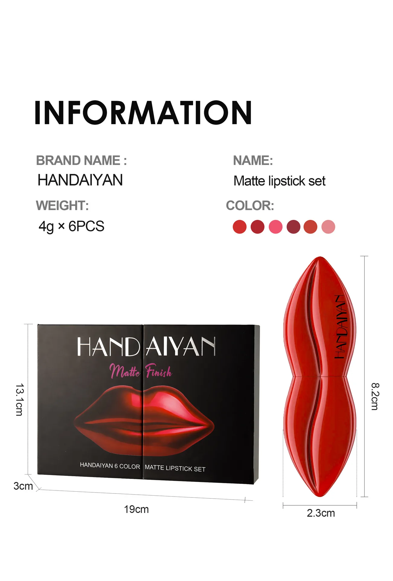 Handaiyan Lips Shape Lipstick Kit 6 Colors / Set Gift Box Velvet Matte ...