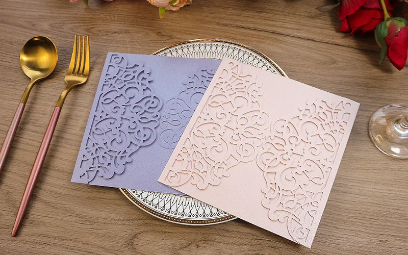 Laser Cut Navy Blue Wedding Invitation Card with Silver Glitter Belt ...