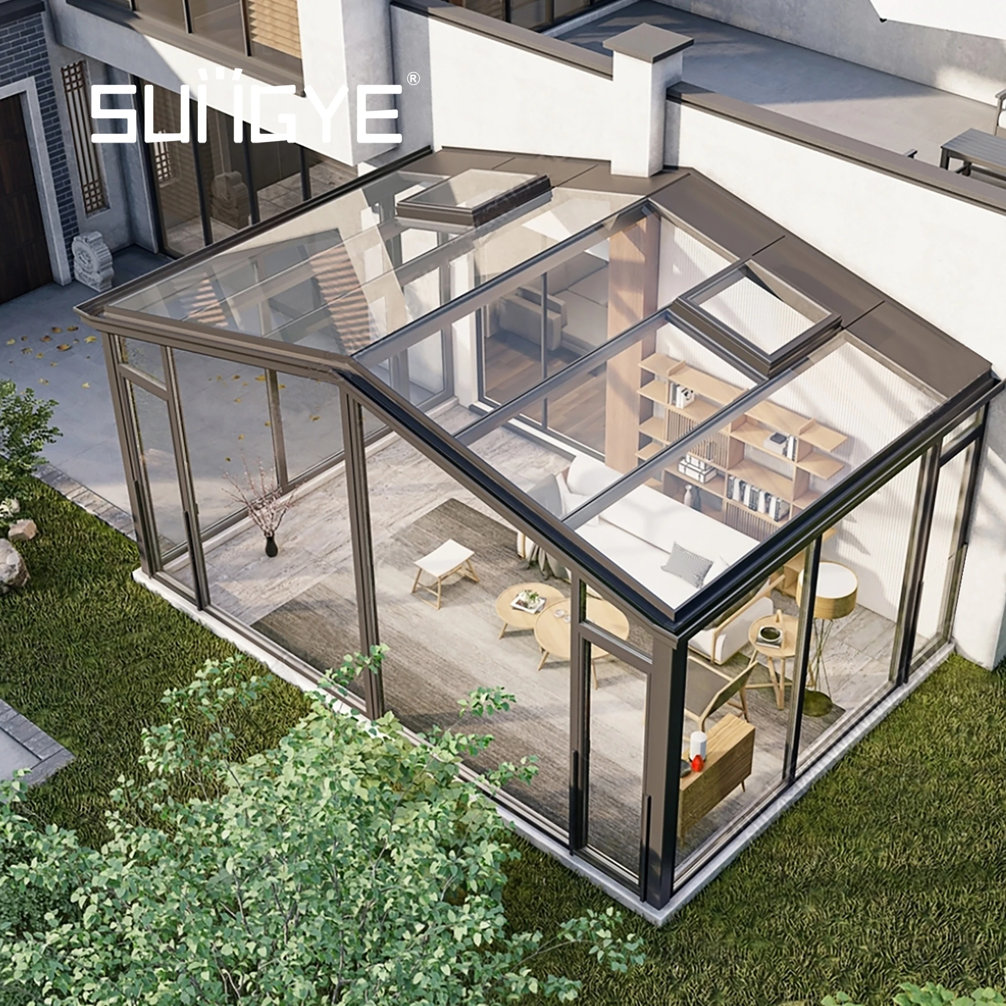 SUNGYE Slant Roof Veranda Aluminum Sunroom Glass House DIY Winter ...