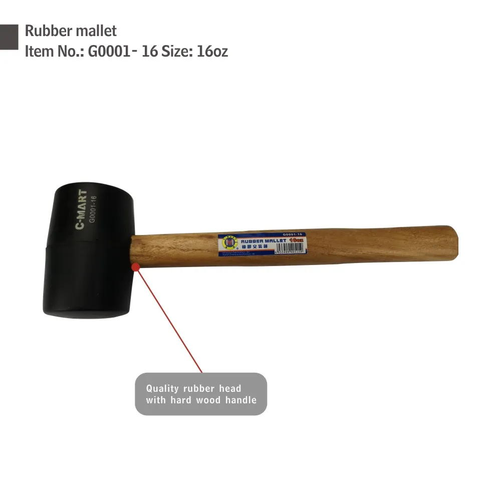 16 Oz Rubber Hammer with Wooden Handle - Durable & Versatile