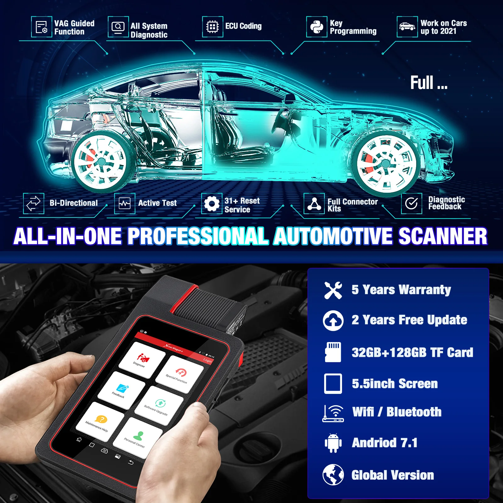 For X431 Diagun V Full System Code Reader OBD2 Scanner with 11 ...