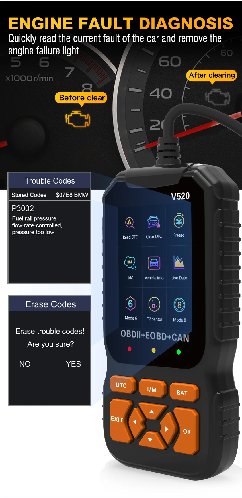 HOT V520 OBD2 Engine System Code Reader - Universal Diagnostic Tool