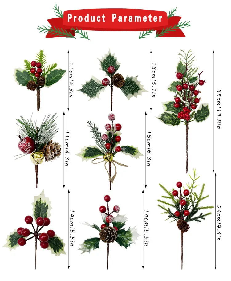 8pcs-wholesale Christmas Red Berry Picks Stems Assorted Pine Picks For ...