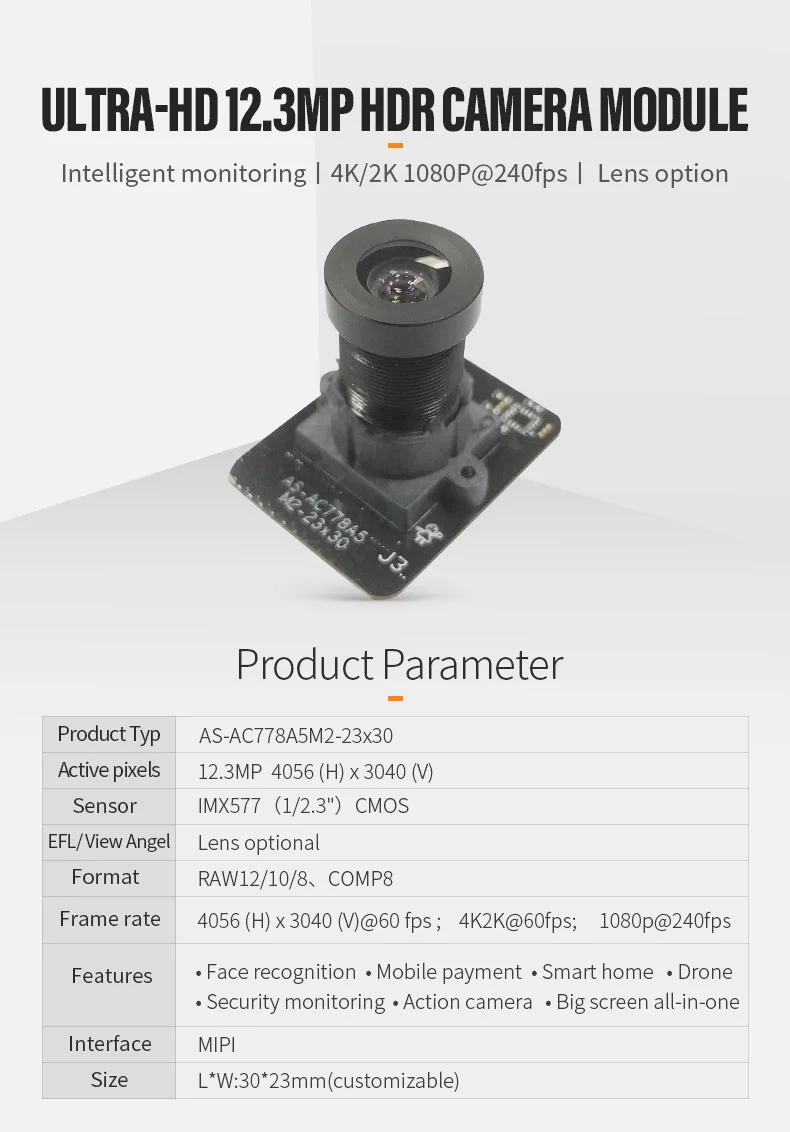 12MP Mipi Camera Module 4K CMOS IMX577 With Wide Angle Lens for ...