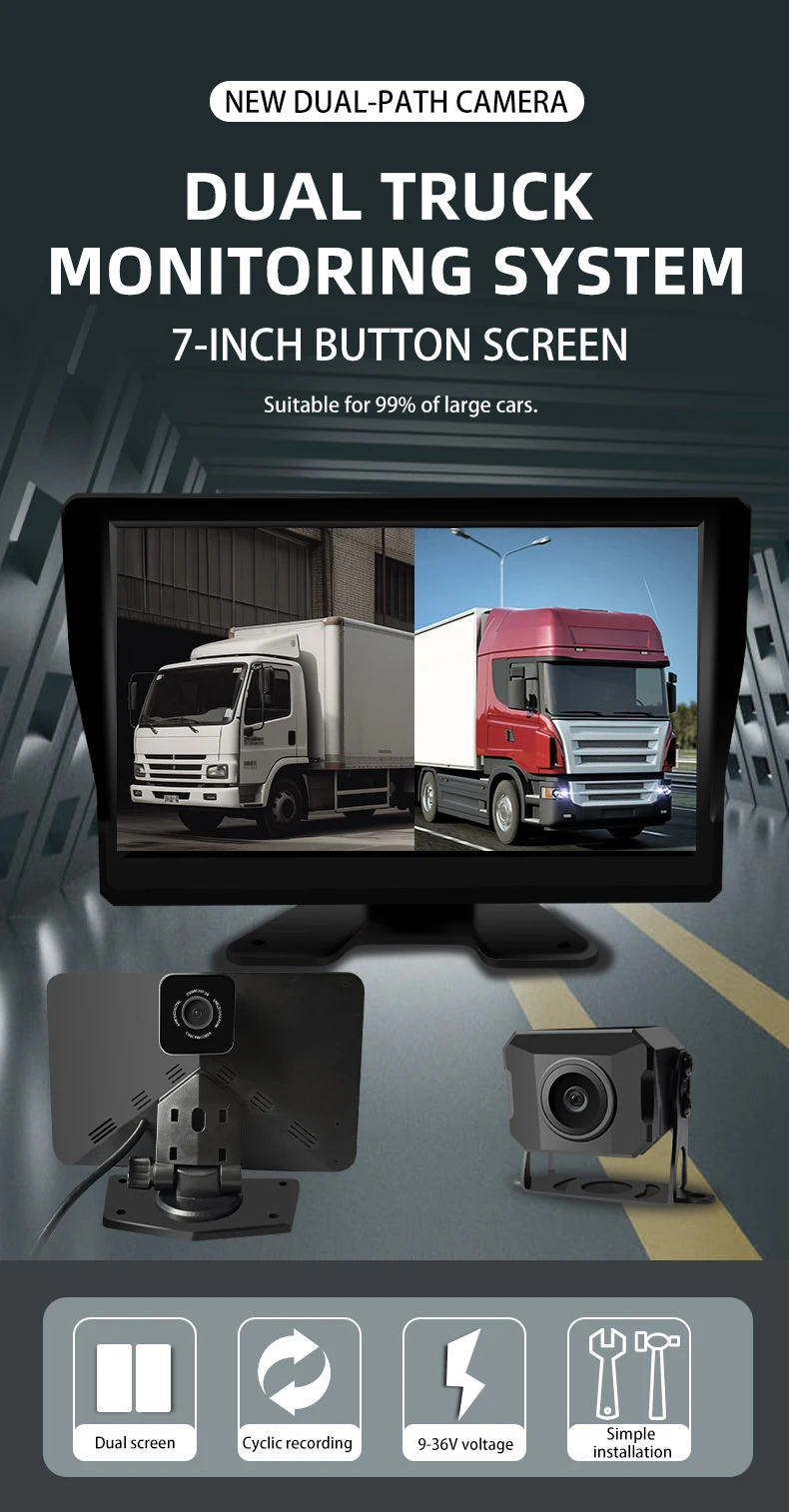 2 Ch Monitor System Truck Dual Camera Front and Back IPS 720P AHD 7 ...