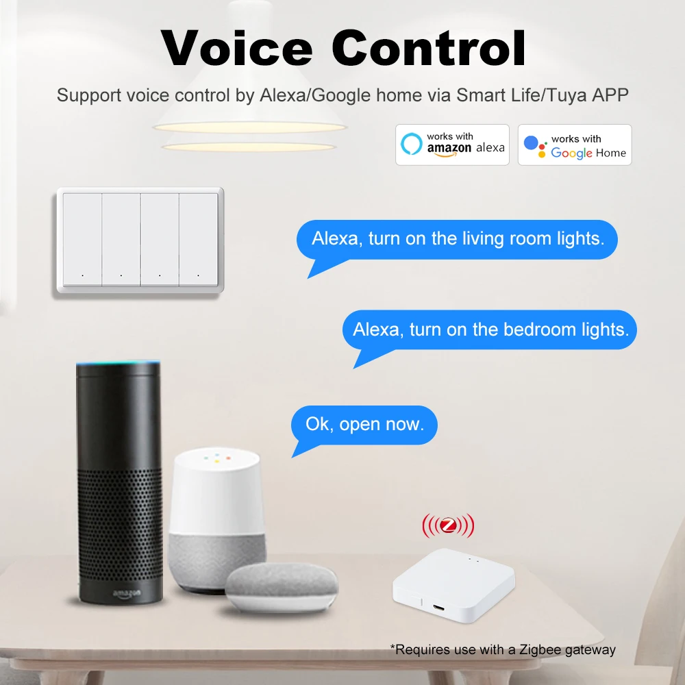 Factory Tuya Zigbee US Smart Wall Light Switch 1 2 3 4 Gang Voice ...
