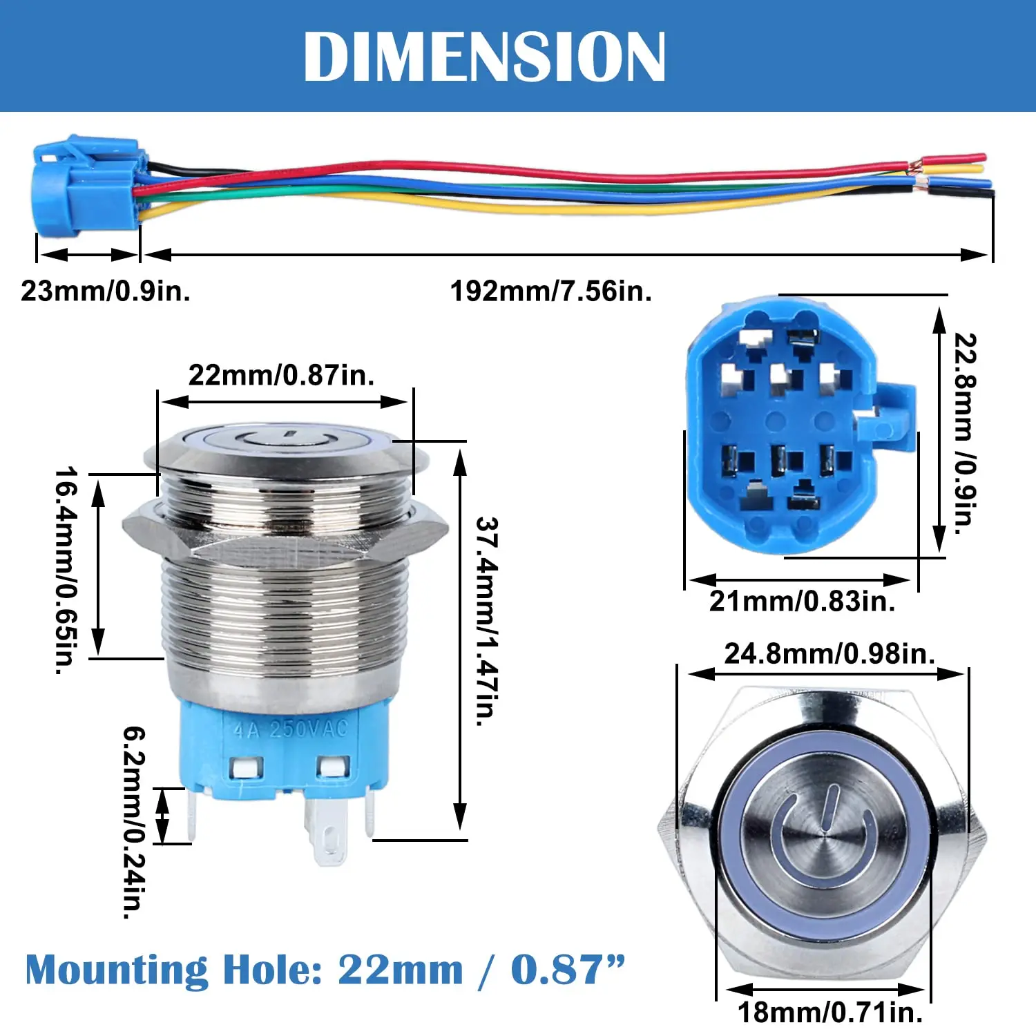 22mm 12v 5a Led Latching Metal Push Button Switch For Auto Car Marine ...