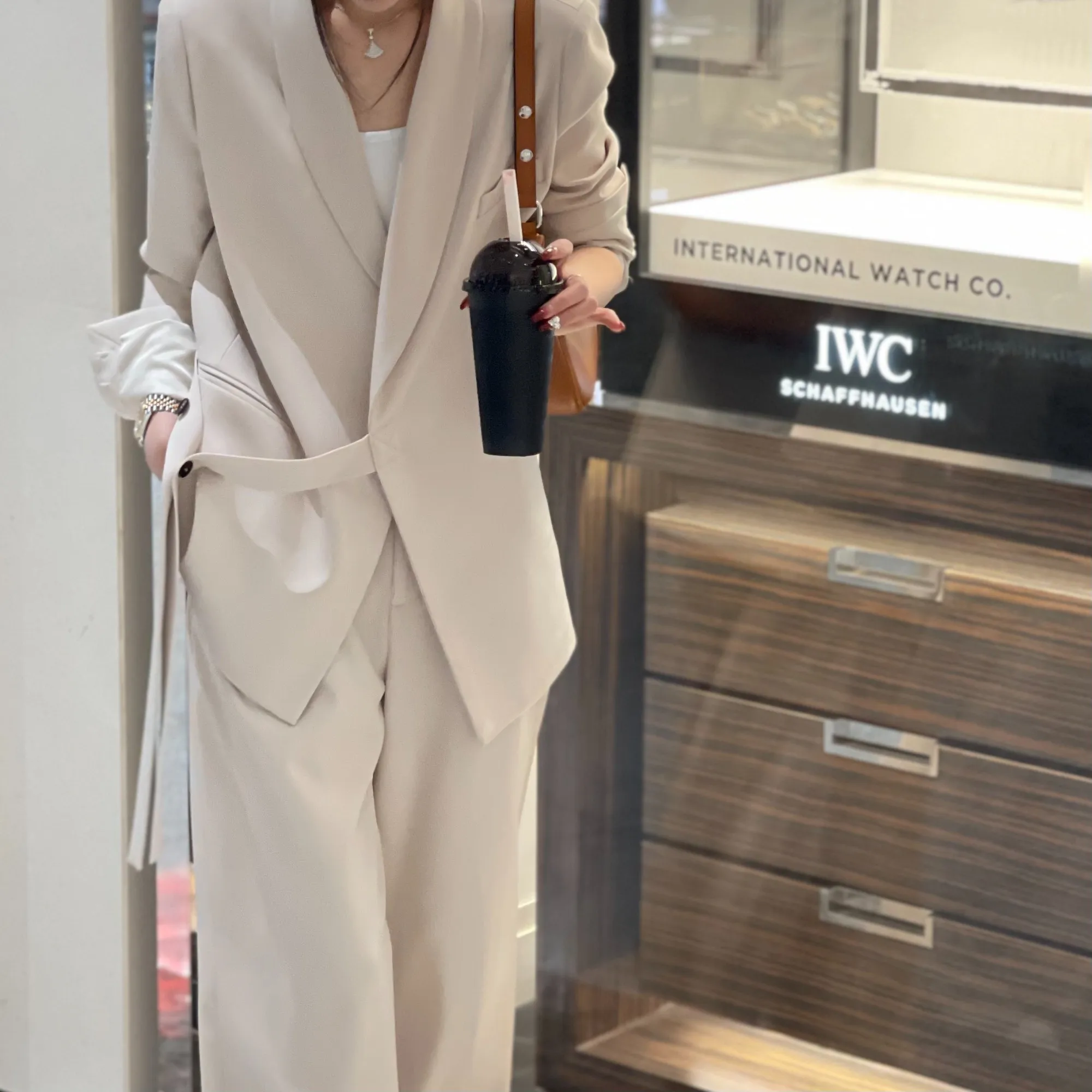 51529# 2023 Women Strap Suit Jacket Wide-leg Pants Two-piece Set Female ...