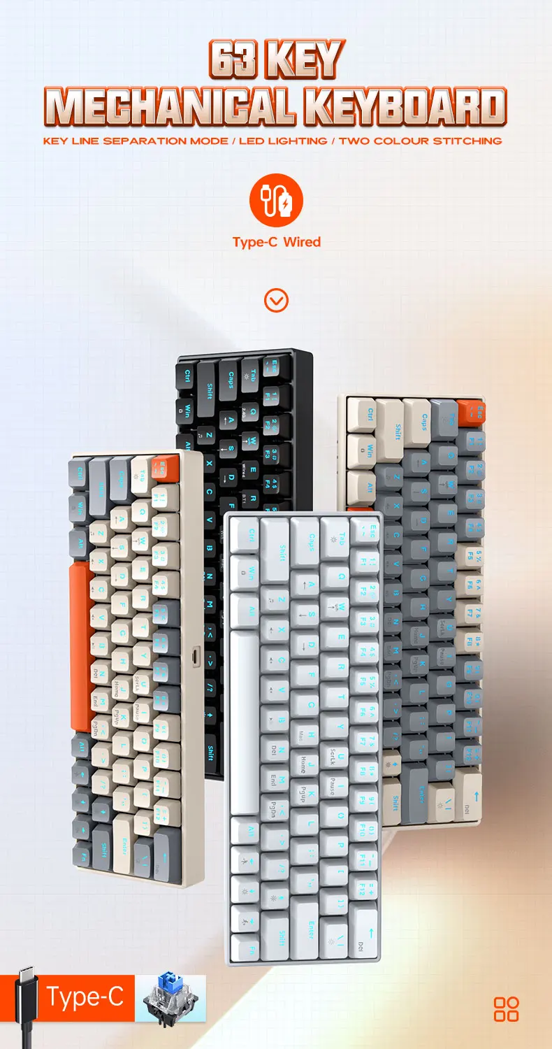 Gaming Mechanical Keyboard Wired Mini 63 Keys Qwerty Customized Color ...