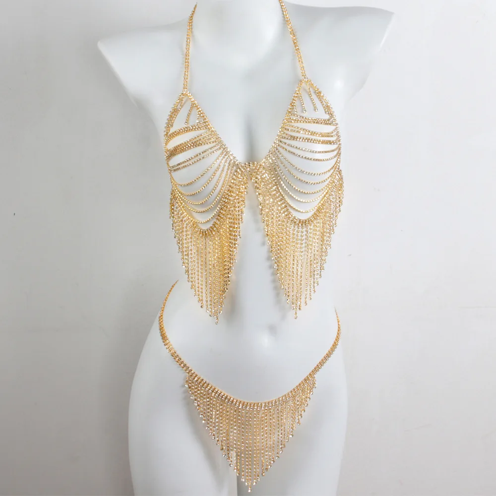 Gold Sexy Rhinestone Bikini Bra Body Halter Backless Chain Body Jewelry