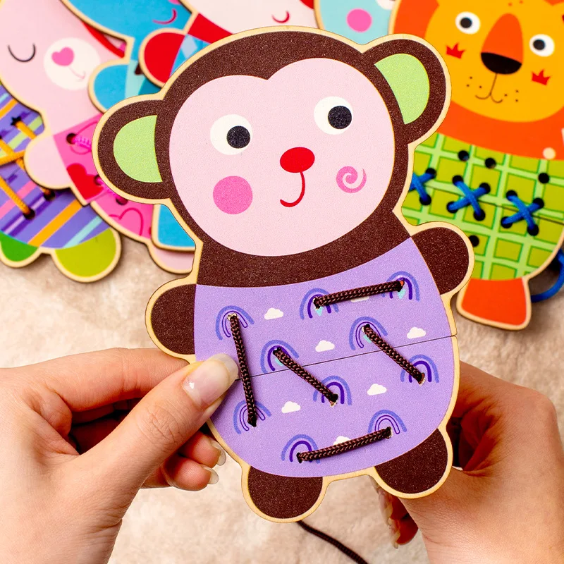 Wooden Threading Rope Travel Preschool Games Wooden Animal Threading ...