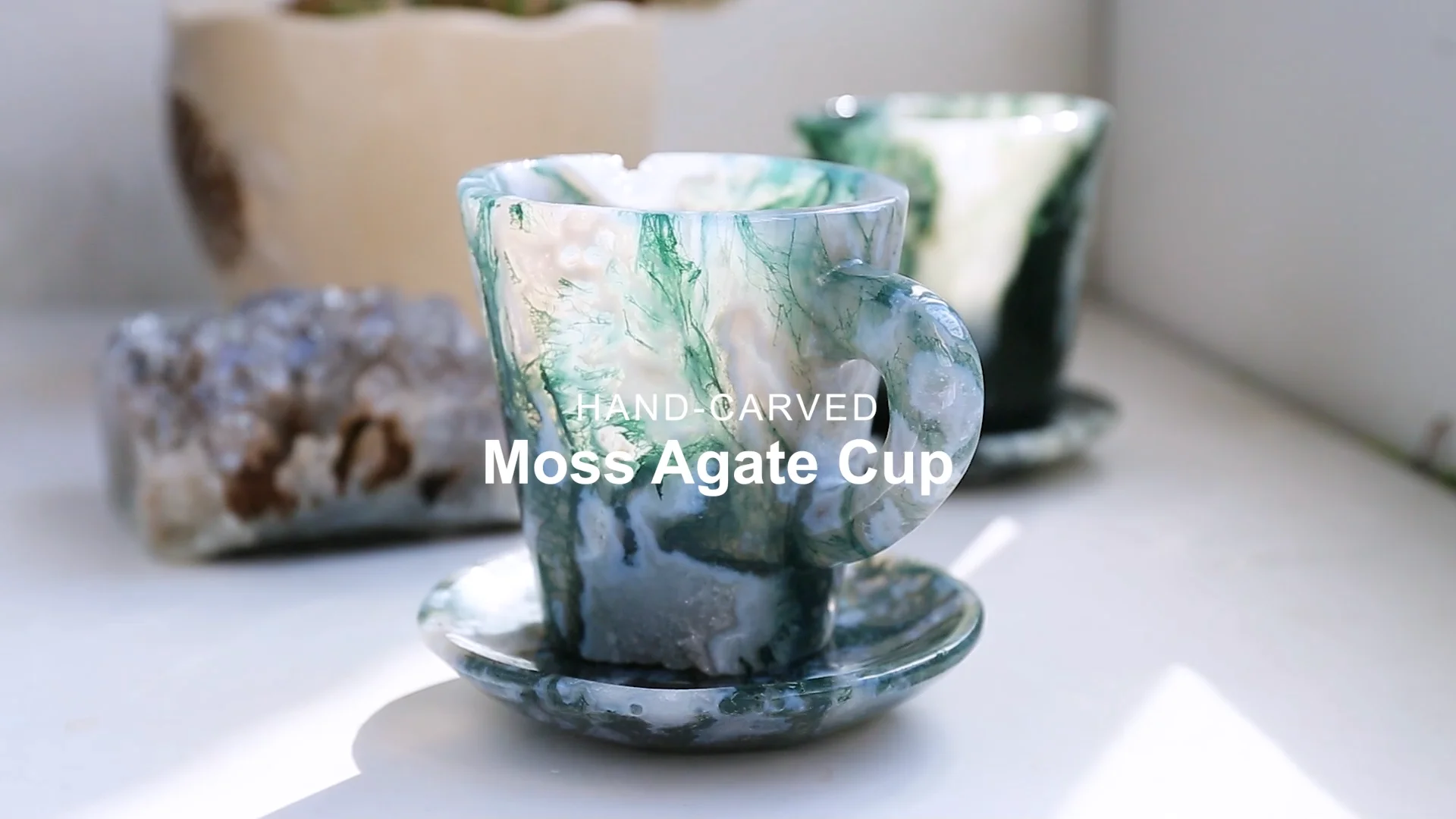 Wholesale Natural Gemstone Hand Carved Moss Agate Cup And Plate Mug Set ...