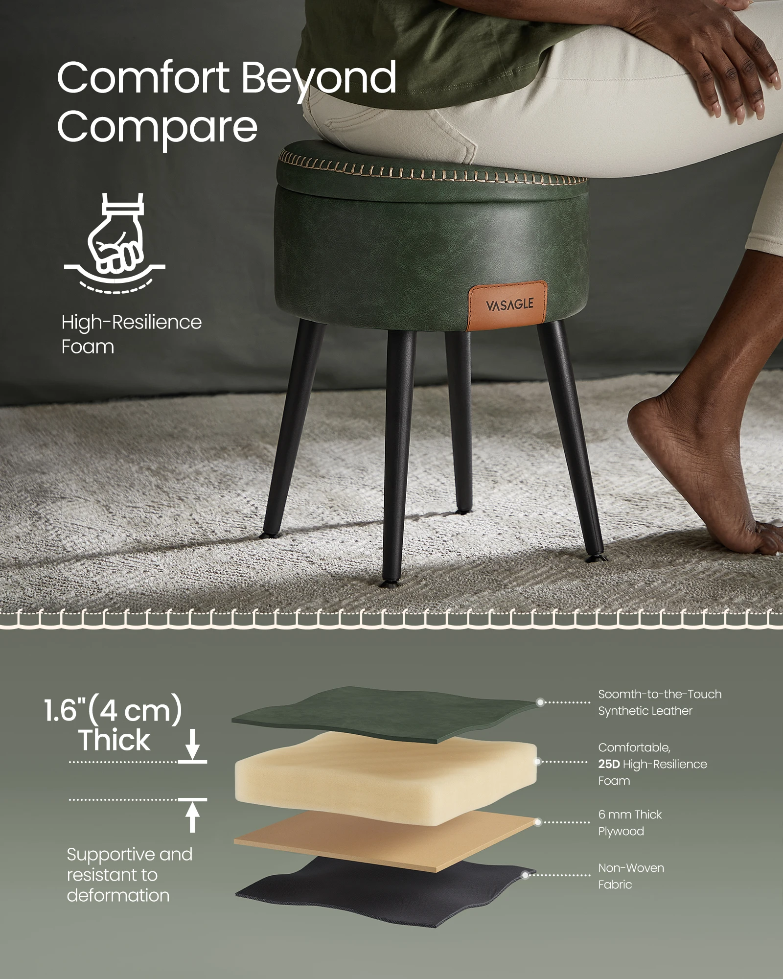 VASAGLE Mid-Century Modern Round Storage Seat with Steel Legs Fashion ...