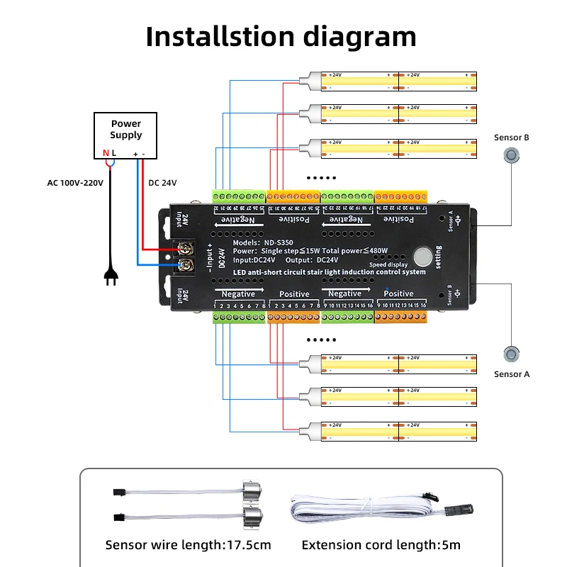 Led Stair Light Sensor Controller Dc24v 32 Stair Light Induction Pir ...