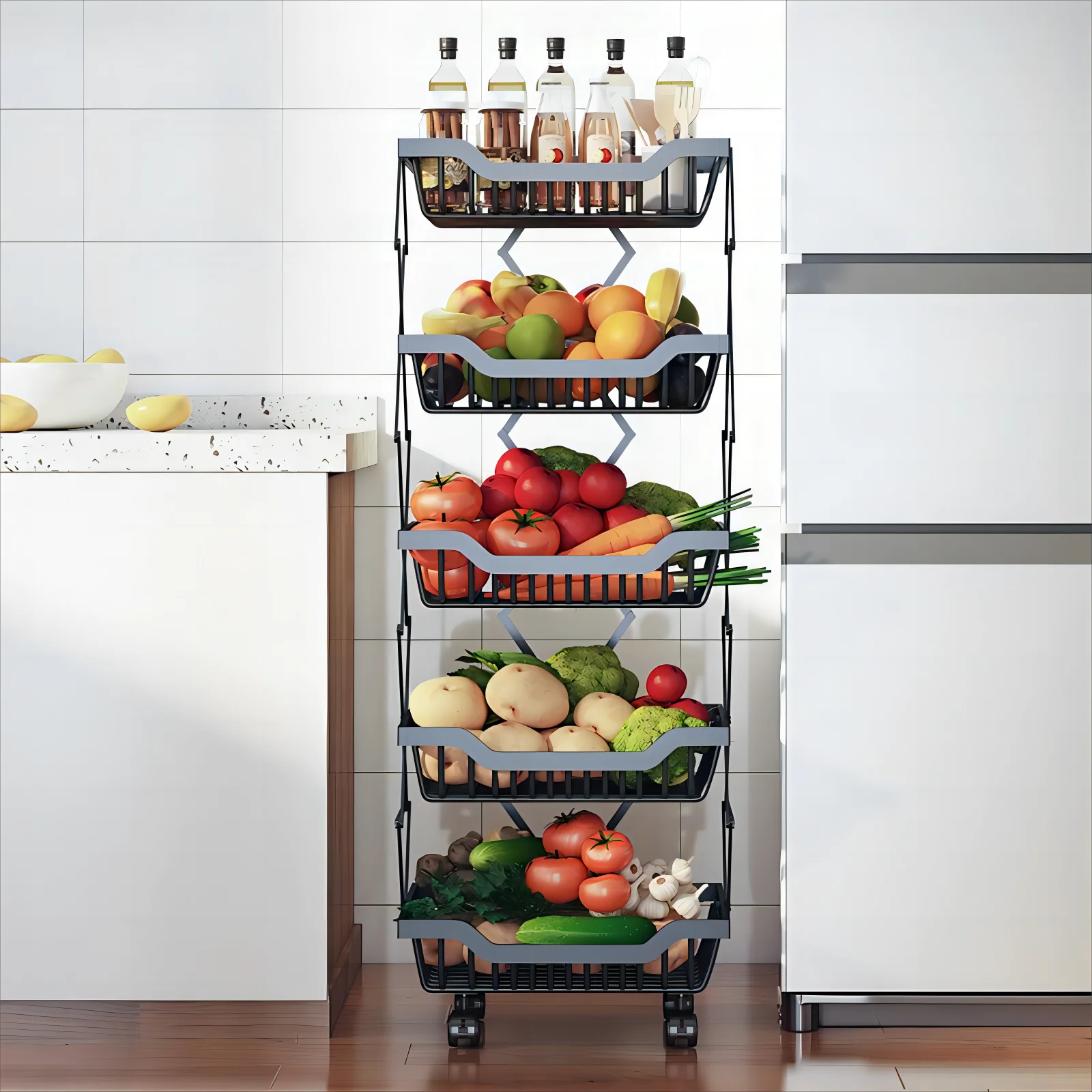 Folding Food Container Vegetables Fruits Holder Movable Metal Trolley ...