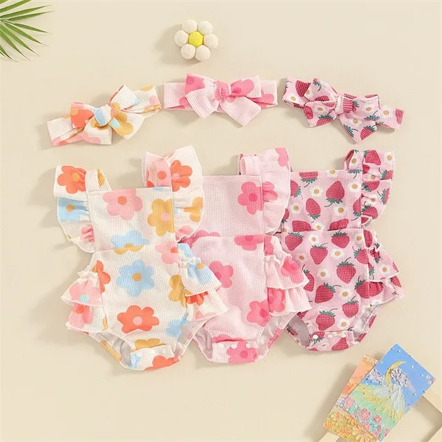 1 Pcs Custom Tag Floral Waffle Romper Summer Newborn Infant Toddler ...
