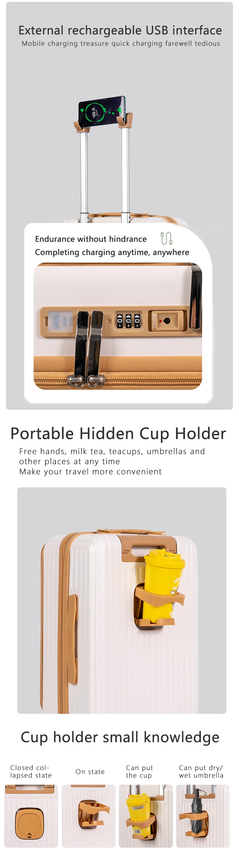 Multifunctional Lightweight Hardside Suitcase with USB Charger & Cup ...