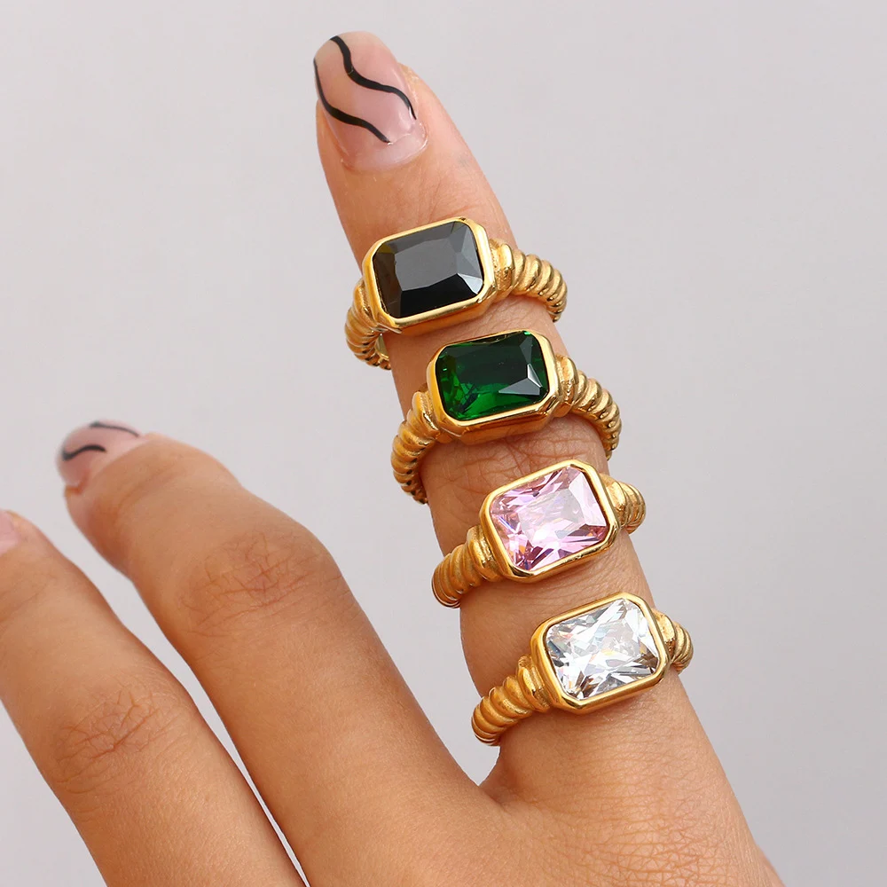 Chunky Gold Plated Stainless Steel Big CZ Diamond Gemstone Ring Tarnish Free Baguette Cubic Zirconia Rings Jewelry Women Alibaba