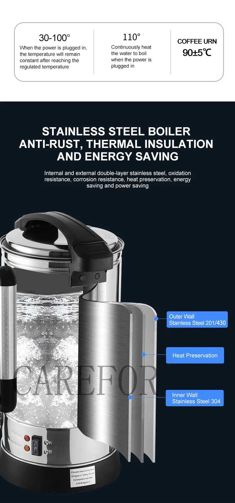 Sus304 Double Wall Electric Water Urn for Hotels - 2.0L