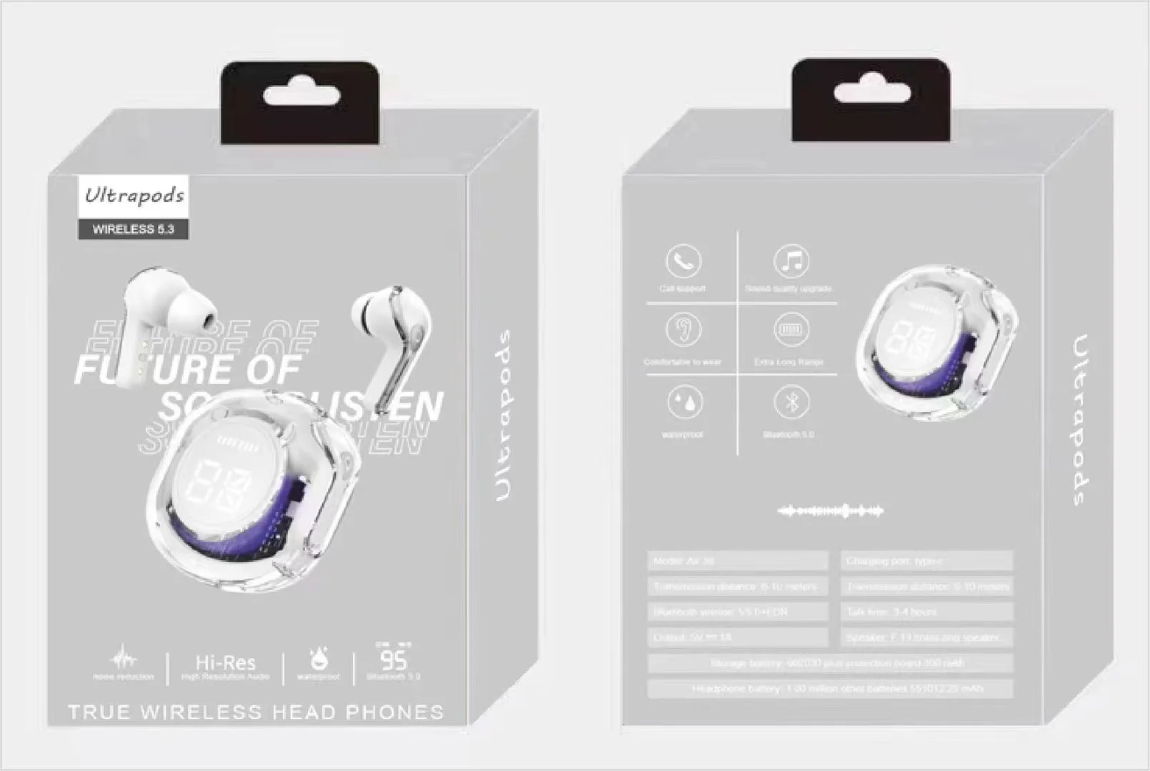 Tws Air39 Crystal Portable Bt Led Display Mini Wireless Earbuds