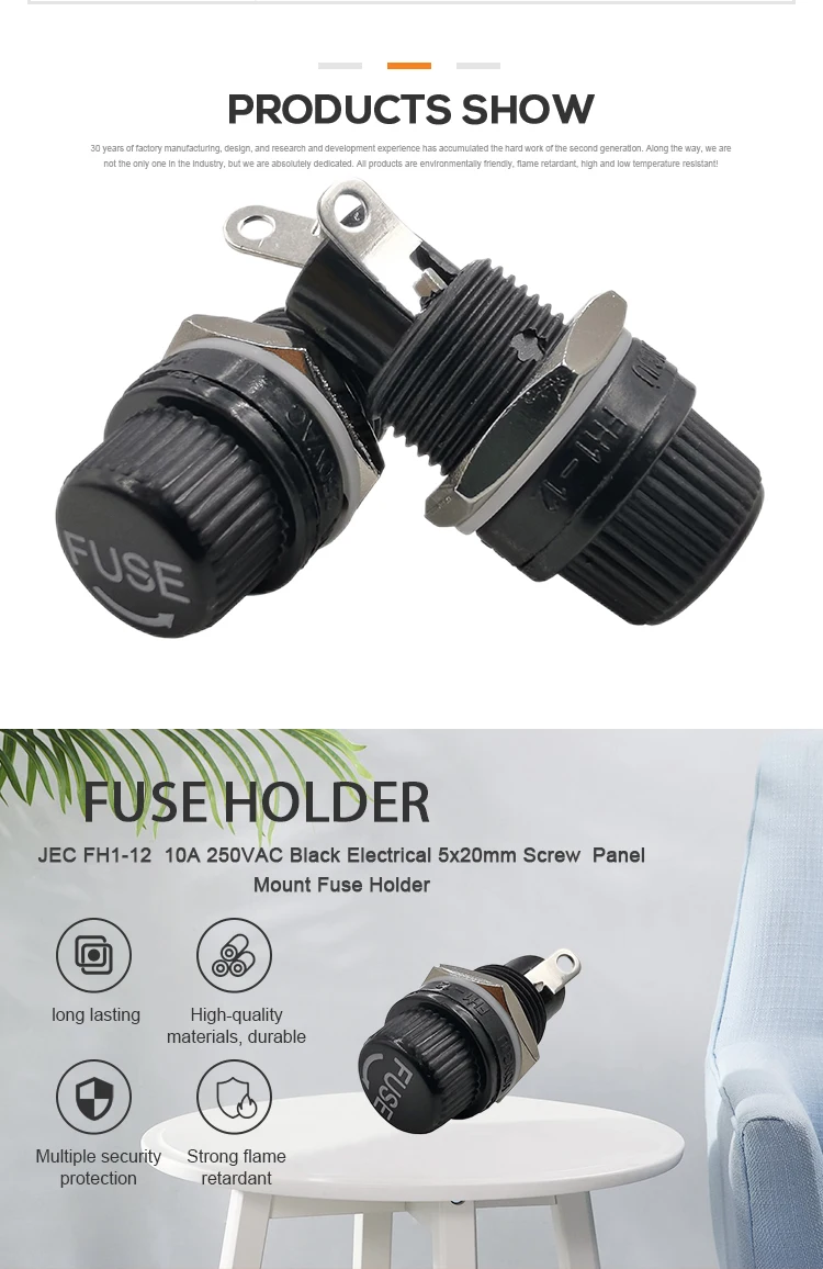 Jec Fh1-12 10a 250vac Black Electrical 5x20mm Screw Panel Mount Fuse Holder - Buy Mount Fuse ...