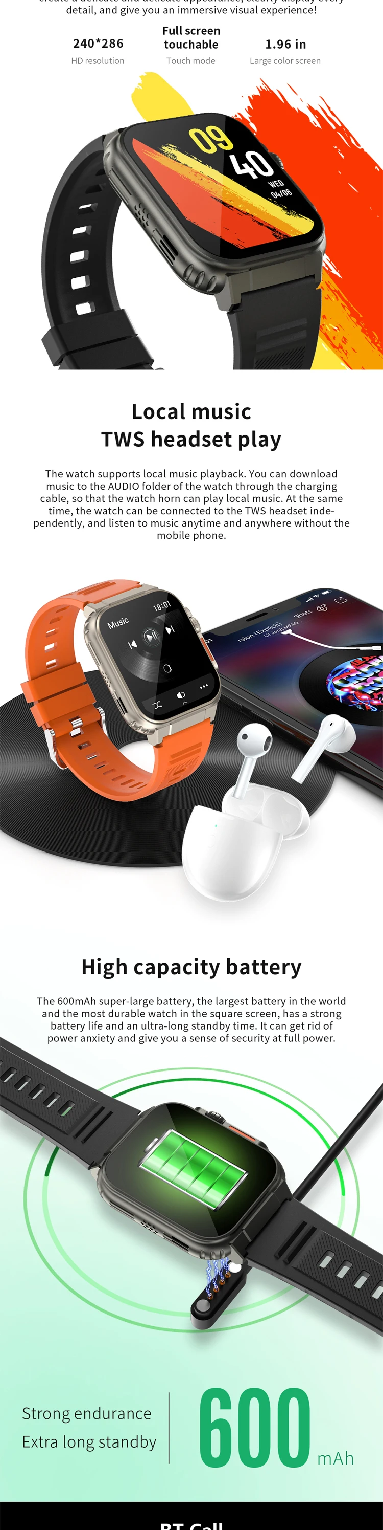 2024 Smartwatch For Men 1.96 Big Touch Screen Big Battery Smart Watch ...