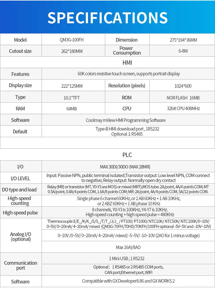 Coolmay HMI PLC Touch Screen - QM3G-100FH Programmable Logic Controller