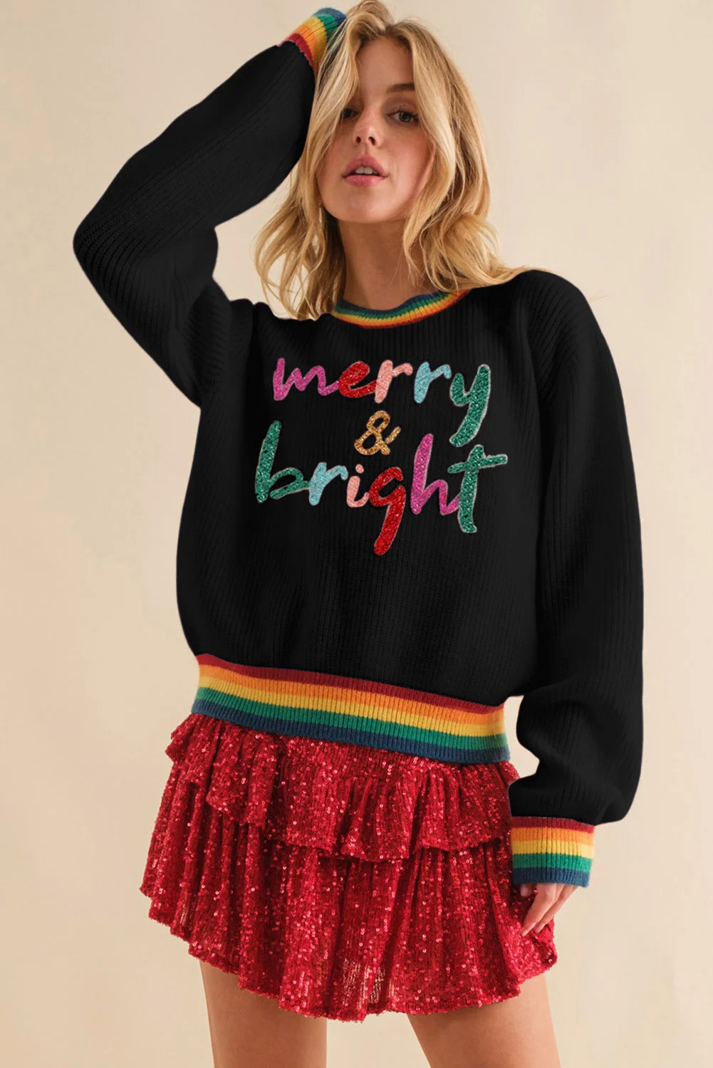 Shewin Wholesale Glitter Colorful Stripes Trim Women Merry Knitted ...