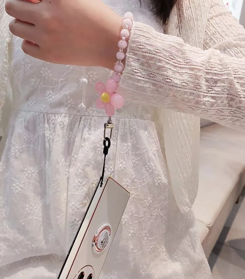 Girl Cute Pink Heart Beaded Cellphone Case Charm Strap Women Wrist ...