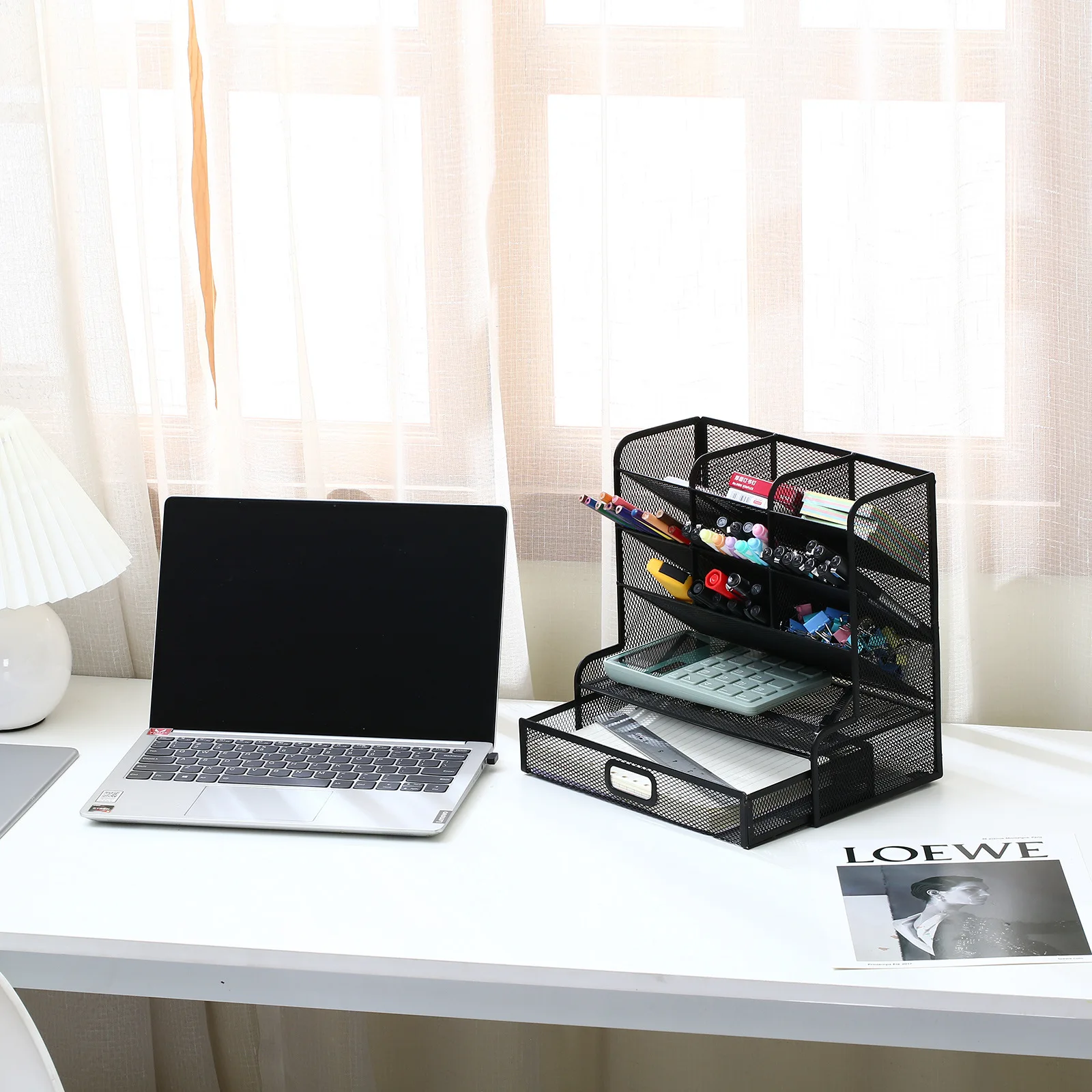 Mesh Desktop Organizer with Drawer Office Stationery Caddy Storage ...