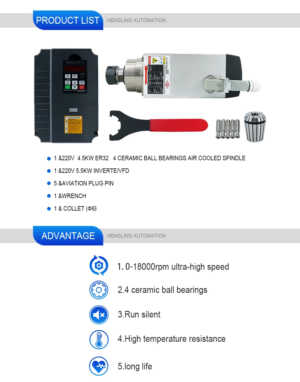 300Hz 18000RPM mm ER32 220V 12A Pottory Ball Air Cooled Spindle 4.5KW ...