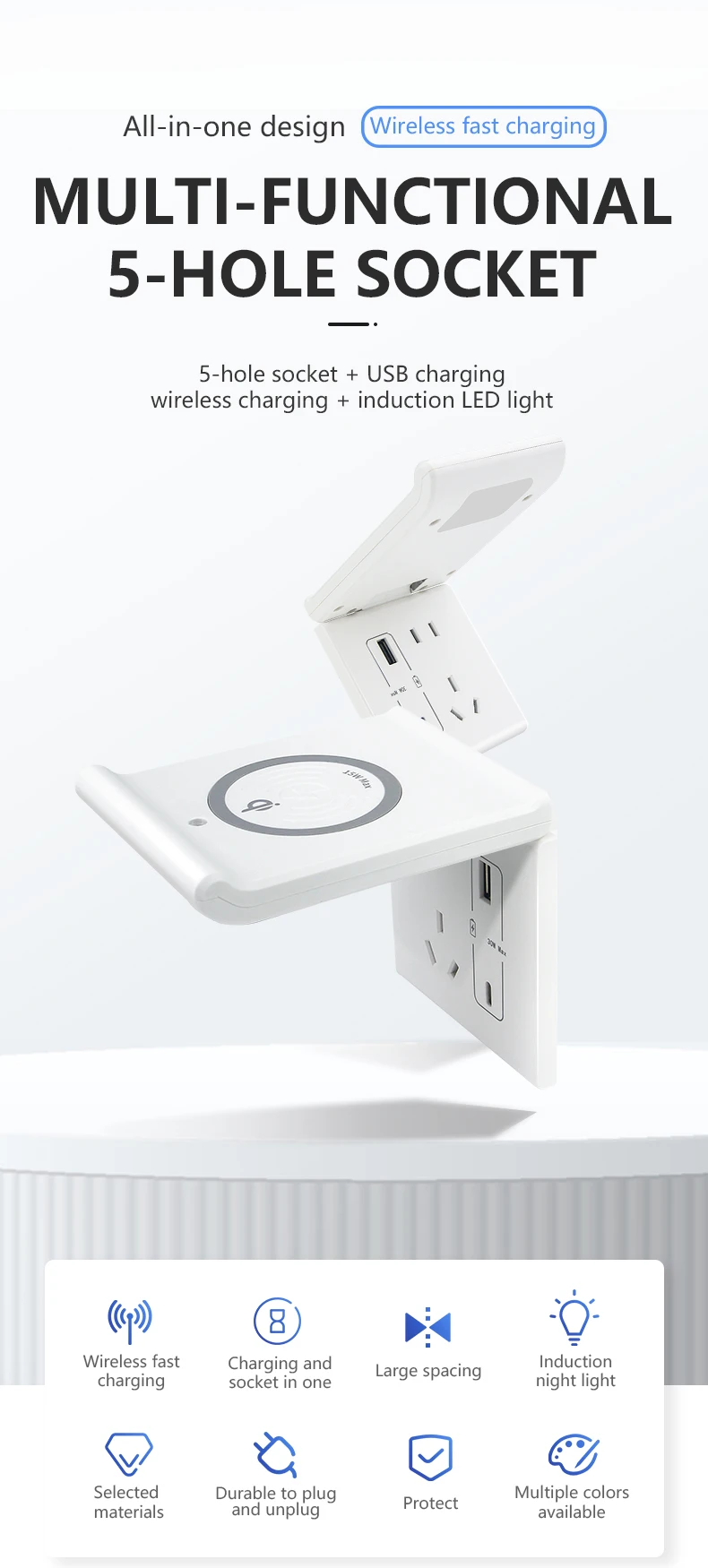 USB Type-C Socket with Wireless Charging & LED Night Light