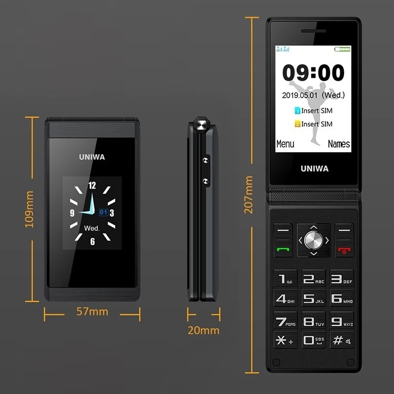 Uniwa X28 Flip Phone 2.8 Inch + 1.77 Inch Dual-screen 1200mah Battery ...