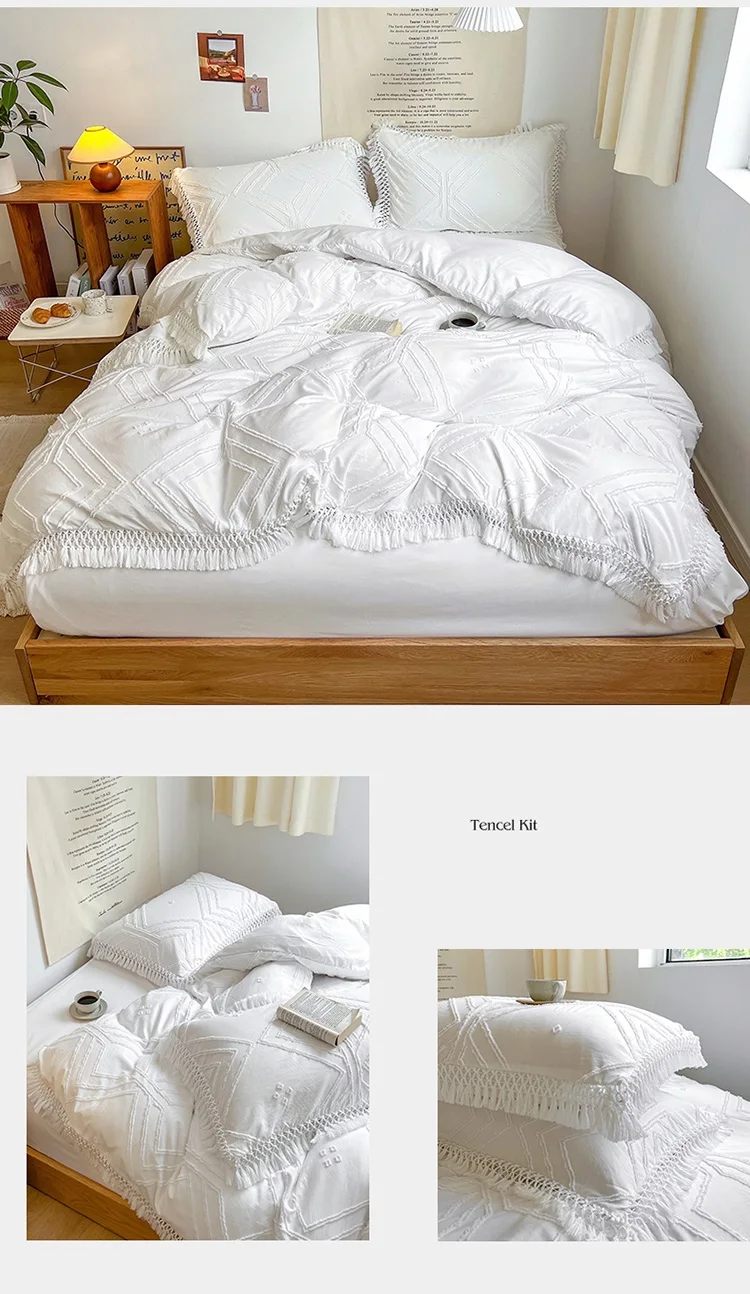 Queen Tufted Comforter Quilt Cover Set - White Duvet Cover & Pillowcase ...
